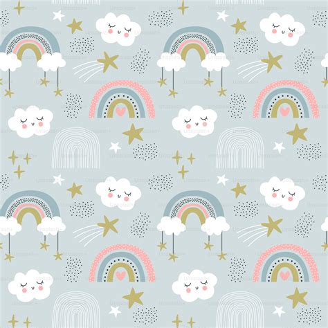 유치한 스타일의 귀여운 무지개 하늘 원활한 패턴 그림 부드러운 파스텔 색상의 어린이 배경 만화는 보육 벽지 베이비 샤워