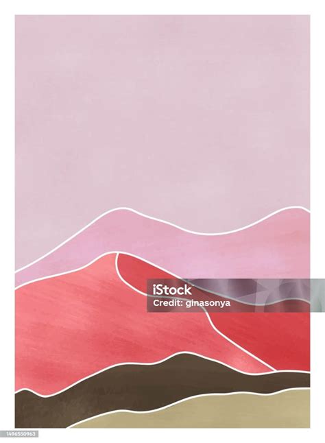 미드 센추리 모던 미니멀리즘 아트 프린트 추상적인 현대 미적 배경 풍경은 라인 아트 산 태양 달 바다 숲으로 설정됩니다 벡터 일러스트레이션 예술에 대한 스톡 벡터 아트 및