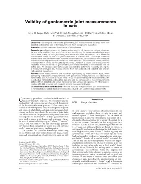 Pdf Validity Of Goniometric Joint Measurements In Cats