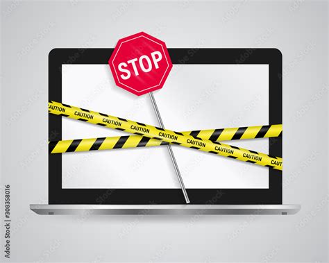 Laptop Screen Covered With Restriction Band And Stop Sign Isolated On White Parental Control