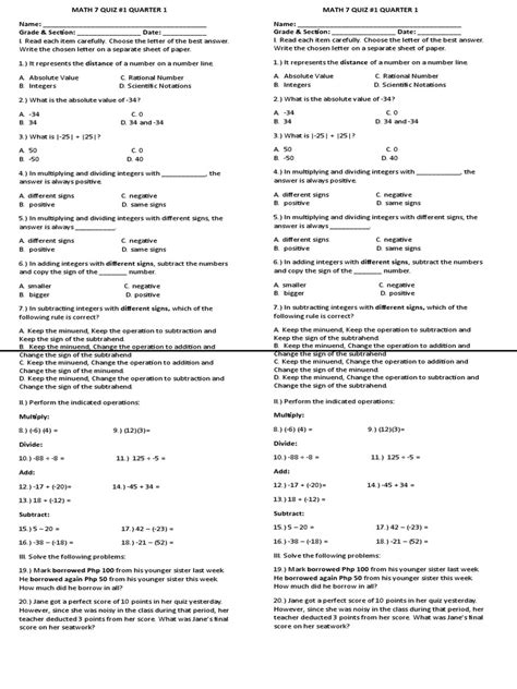 Math 7 Quiz Pdf Subtraction Numbers