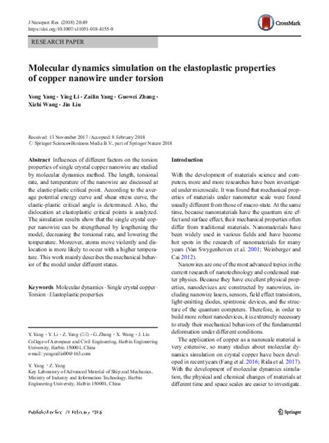 Pdf Molecular Dynamics Simulation On The Elastoplastic Properties Of Copper Nanowire Under Torsion