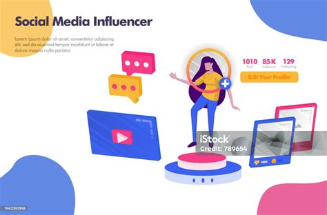 소셜 미디어 인플루언서 일러스트 컨셉으로 작업 방문 페이지 웹 사이트에 대한 현대 평면 디자인 개념 모바일 앱 Ui Ux 배너