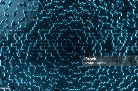 빛을 광선 3d와 미래 표면 육각형 패턴의 추상 블루 렌더링 0명에 대한 스톡 사진 및 기타 이미지 0명 3차원 형태