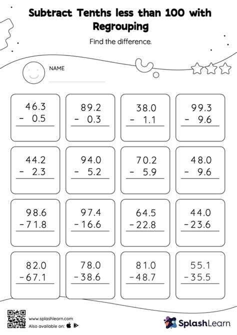 Subtract Tenths Less Than 100 With Regrouping Vertical Subtraction Worksheet