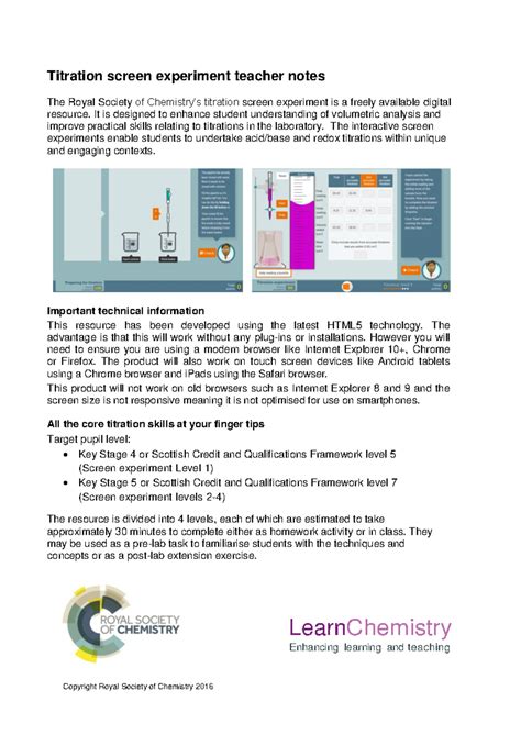 Teacher Notes For Titration Screen Experiment Learnchemistry Studocu