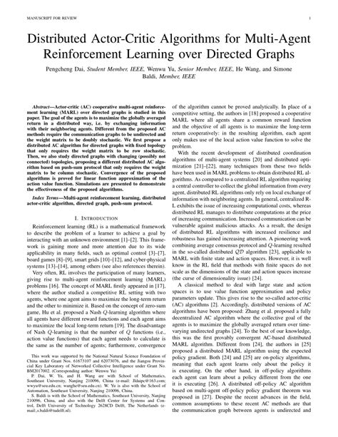 Pdf Distributed Actor Critic Algorithms For Multiagent Reinforcement Learning Over Directed Graphs