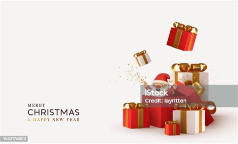 메리 크리스마스와 새해 복 많이 받으세요 현실적인 더미 선물 상자 안에 산타 클로스가 가득 찬 선물 상자를 엽니 다 휴일 배너 웹 포스터 전단지 세련된 브로셔 인사말 카드