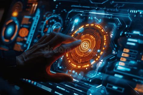 A Hand Interacts With A Futuristic Interface Projected From A Holographic Display Holographic