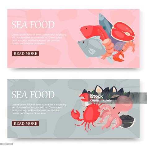 해산물과 물고기 배너 벡터 일러스트 레이 션의 세트 레몬 새우 오징어 문어 게와 참치가 들어간 랍스터를 곁들인 생선 연어