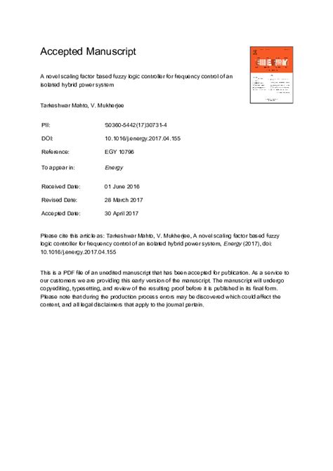 Pdf A Novel Scaling Factor Based Fuzzy Logic Controller For Frequency Control Of An Isolated