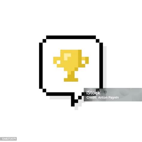 승자 골든 컵 픽셀 아트 8 비트 음성 거품 고립 된 벡터 일러스트 모자이크 처리에 대한 스톡 벡터 아트 및 기타 이미지