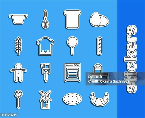 세트 라인 크로와상 비늘 프랑스 바게트 빵 빵 토스트 요리사 모자 쌀 밀 옥수수 귀리 호밀 요리 냄비 및 프라이팬 아이콘과 시리얼 벡터 곡초류에 대한 스톡 벡터 아트 및