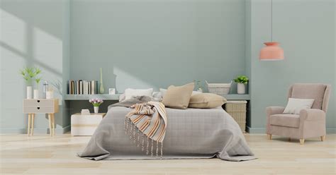 회색 담요가 있는 넓은 침실 내부에 안락의자와 파란색 벽이 있는 현대적인 침실 내부 3d 렌더링 사진 Unsplash의 집 이미지