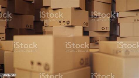 창고 물류 센터 내부 골판지 상자의 배경 골판지 상자로 가득 찬 창고 창고의 혼란 3d 일러스트레이션 상자에 대한 스톡 사진 및