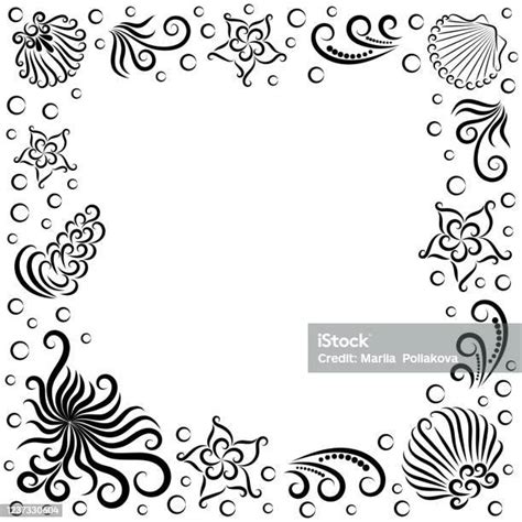 해양 구성의 프레임 문어 껍질 해초 거품과 불가사리 바다 해저 세계 공간을 복사합니다 템플릿 개체 그룹에 대한 스톡 벡터 아트 및 기타 이미지 Istock