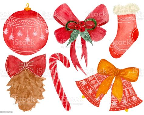흰색 배경에 격리된 다양한 크리스마스 및 휴일 장식 종 축제 공 활이 있는 원뿔 양말 및 사탕의 밝은 수채화 세트 12월에 대한