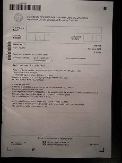 Cie Igcse 0580 Mathematics Paper 3 Core May June 2013 Answers