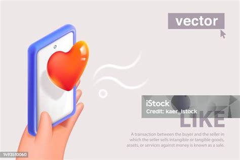 빨간 하트 아이콘이 있는 휴대폰을 들고 있다 심볼 디자인과 같은 사실적인 3d 렌더링 재미있는 만화 플라스틱 스타일의 벡터 아트 3차원 형태에 대한 스톡 벡터 아트 및 기타