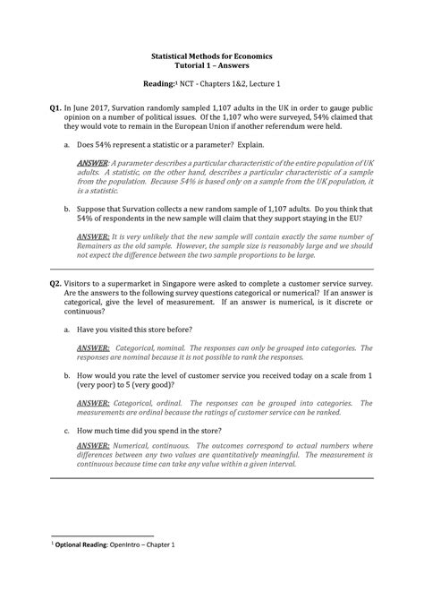 Tutorial 1 Answers Statistical Methods For Economics Tutorial 1 Answers Reading 1 Nct