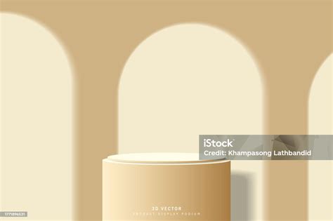 갈색 3d 실린더 연단 받침대는 벽에 창 아치 모양의 그림자가 있는 사실적입니다 제품 전시 모형을 위한 최소한의 벽 장면 3d 벡터 기하학적 플랫폼 디자인 쇼케이스를 위한