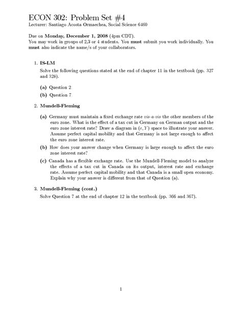 Intermediate Macroeconomic Theory Problem Set 4 Econ 302 Docsity