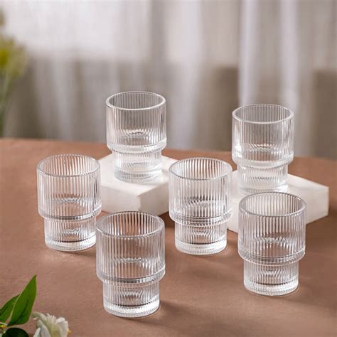 Set Of 6 Stackable Drinking Glasses Ribbed Online Premium Whiskey