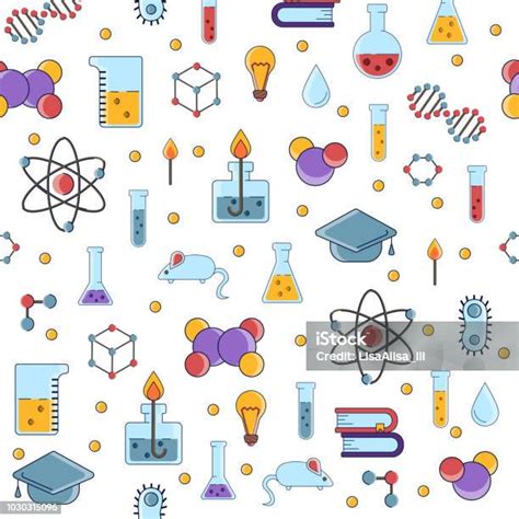 과학적인 요소분자 원자 구조 플라스 크 유리 물 다른 하나의 간단한 교육에 학교 끝 없는 배경 과학 평면 원활한 패턴 과학에 대한 스톡 벡터 아트 및 기타 이미지 Istock