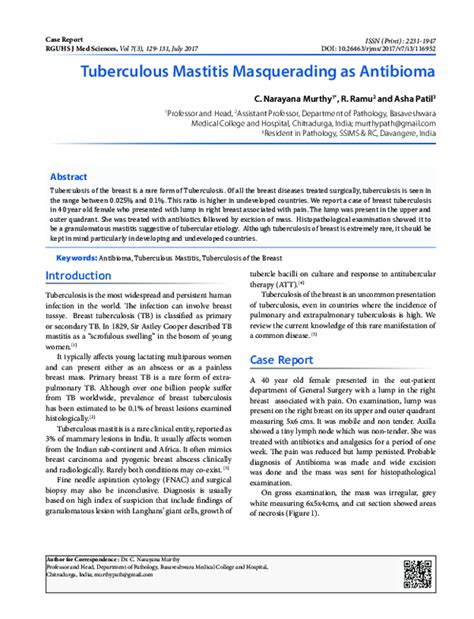 Pdf Tuberculous Mastitis Masquerading As Antibioma