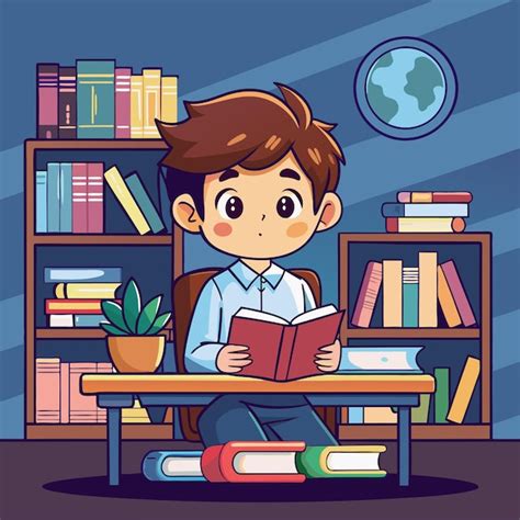 Ребенок читает в библиотеке мультфильм Вектор Премиум Ai сгенерированный вектор