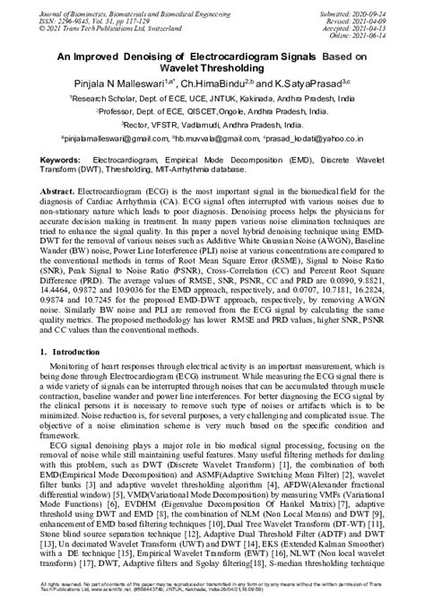 Pdf Paperan Improved Denoising Of Electrocardiogram Signals Based On Wavelet Thresholding