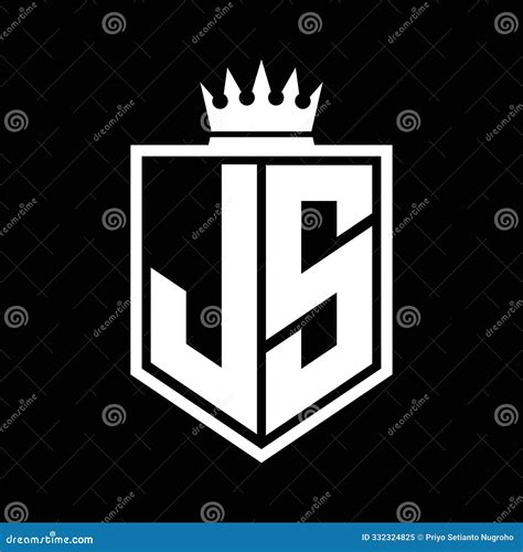 Js Logo Monogram Bold Shield Geometric Shape With Crown Outline Black And White Style Design