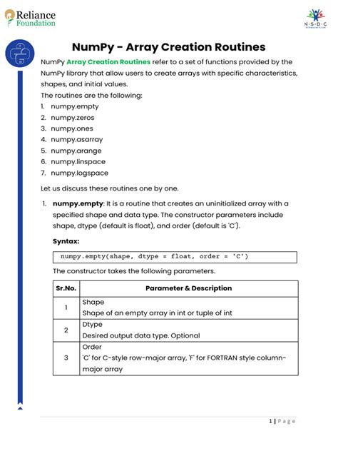 Using Array Creation Routines Pdf Parameter Computer Programming