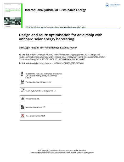 Pdf Design And Route Optimisation For An Airship With Onboard Solar Energy Harvesting