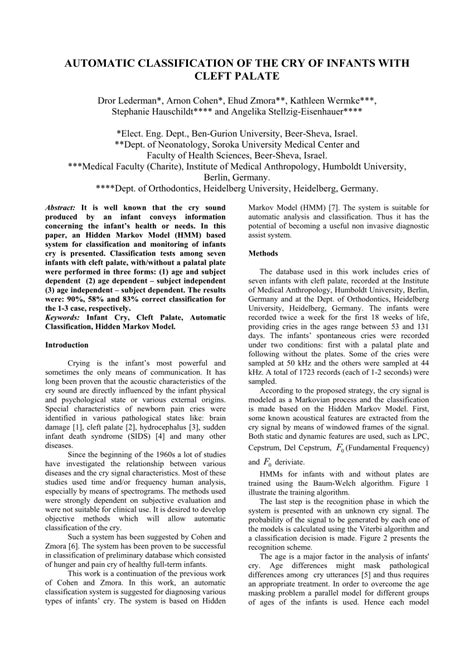 Pdf Automatic Classification Of The Cry Of Infants With Cleft Palate