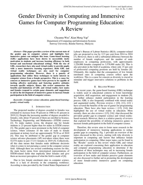 PDF Gender Diversity In Computing And Immersive Games For Computer Programming Education A Review