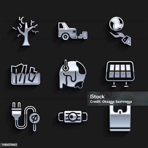 지구 온난화 의료 보호 마스크 비닐 봉지 태양 에너지 패널 전기 절약 플러그 잎 빙하 녹기 지구 지구본을 들고 있는 손 시든 나무 아이콘을 설정합니다 벡터 개념에 대한 스톡