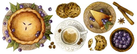 커피 쿠키 블루베리 파이 계피가 있는 수채화 일러스트레이션 세트 흰색 배경에 격리 가을에 대한 스톡 벡터 아트 및 기타 이미지 가을 개체 그룹 건강한 식생활 Istock