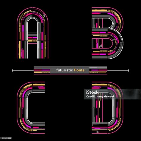 세트 Abcd의 알파벳 타이포그래피 글꼴 미래지향적 인 현대적인 스타일 Dj에 대한 스톡 벡터 아트 및 기타 이미지 Dj