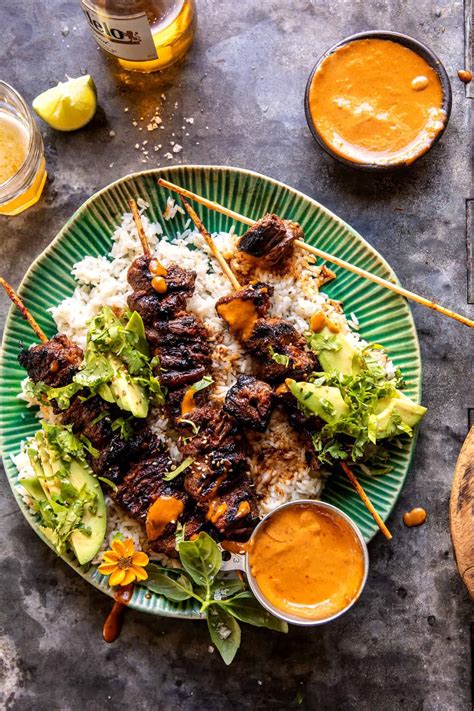 Sesame Ginger Steak Skewers With Peanut Sauce Half Baked Harvest