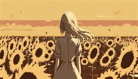 A Girl In A Sunflower Field With Long Blonde Hair Anime Style Illustration Generative Ai
