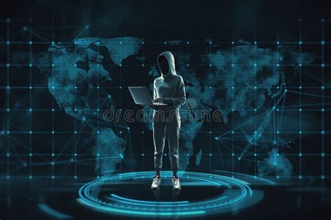 Hacker With Laptop Standing In Abstract Interior With Map Hologram