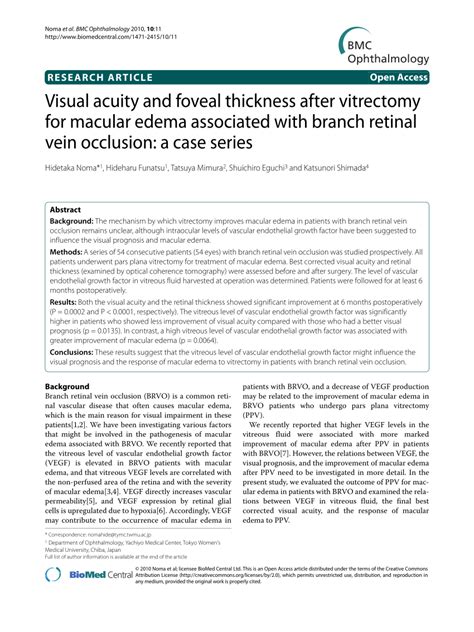 Pdf Visual Acuity And Foveal Thickness After Vitrectomy For Macular Edema Associated With