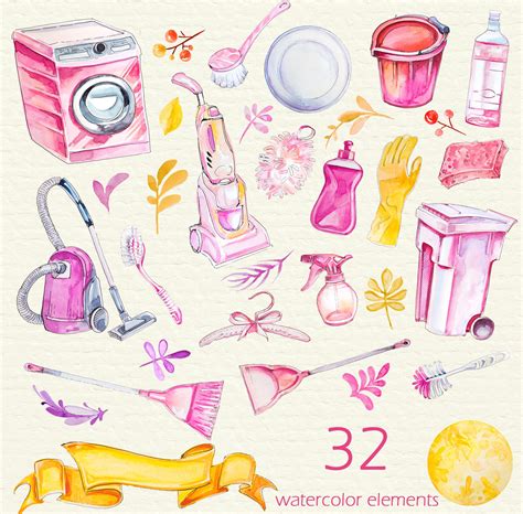 Watercolor Cleaning Clipart Set Masterbundles