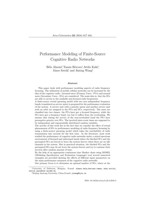 Pdf Performance Modeling Of Finite Source Cognitive Radio Networks