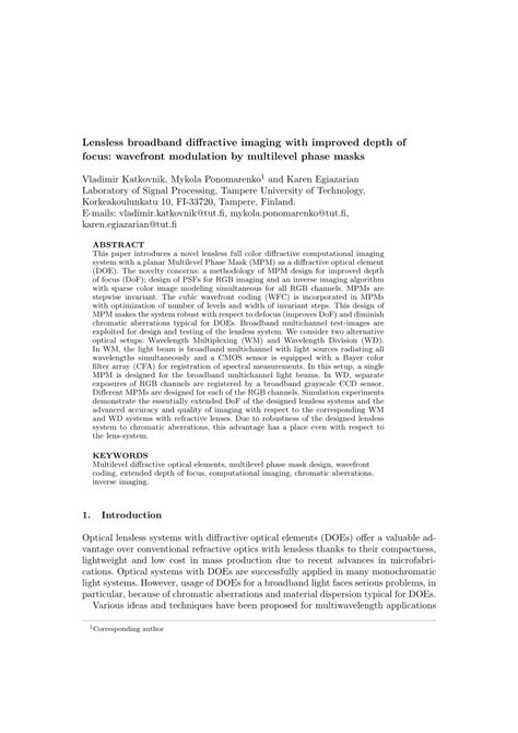 Pdf Lensless Broadband Diffractive Imaging With Improved Depth Of Focus Wavefront Modulation