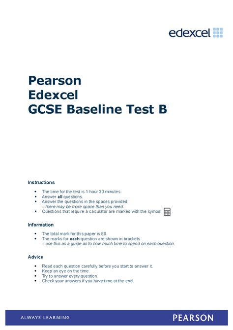 Gcse Maths Baseline Test B Pearson Edexcel Gcse Baseline Test B