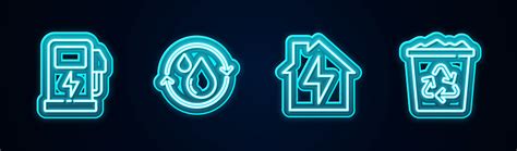 세트 라인 전기 자동차 충전소 재활용 깨끗한 아쿠아 집과 번개 및 쓰레기통 재활용 빛나는 네온 아이콘입니다 벡터 건축하기에 대한 스톡 벡터 아트 및 기타 이미지 Istock