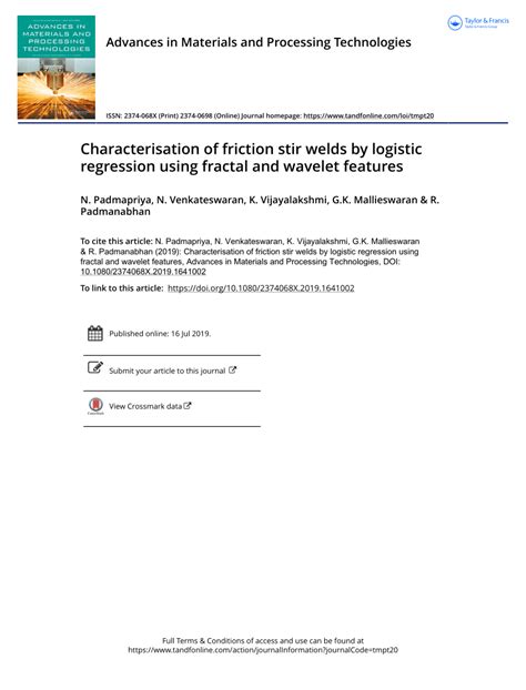 Pdf Characterisation Of Friction Stir Welds By Logistic Regression