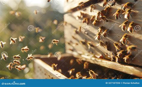 Honey Bees Swarming And Flying Around Their Beehive Royalty Free Stock